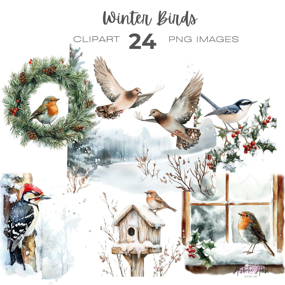 Winter Birds Clipart, Farmhouse Png, Forest Christmas Clip Art, Robin ...