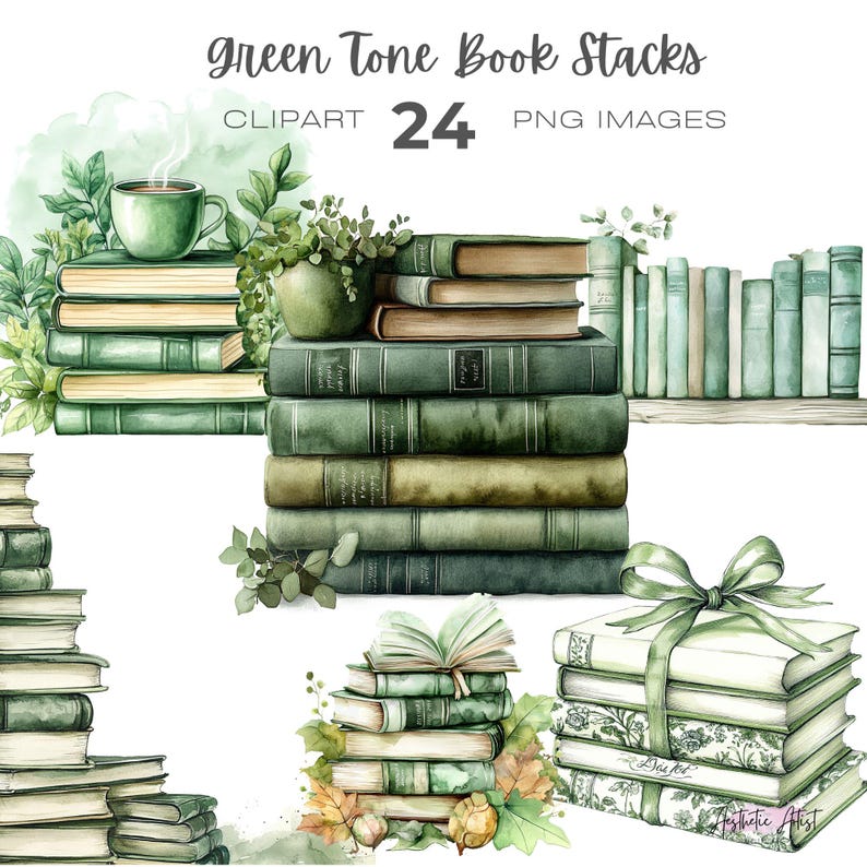 Watercolour Stack of Books Clipart Bundle, Library, Book Stack Border ...