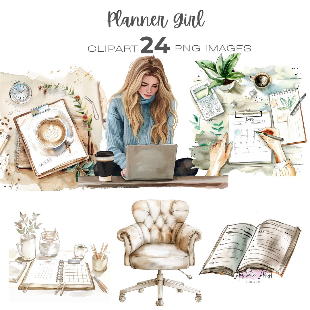 Watercolour Planner Girl Clipart, Graphics for Planners, Neutral ...