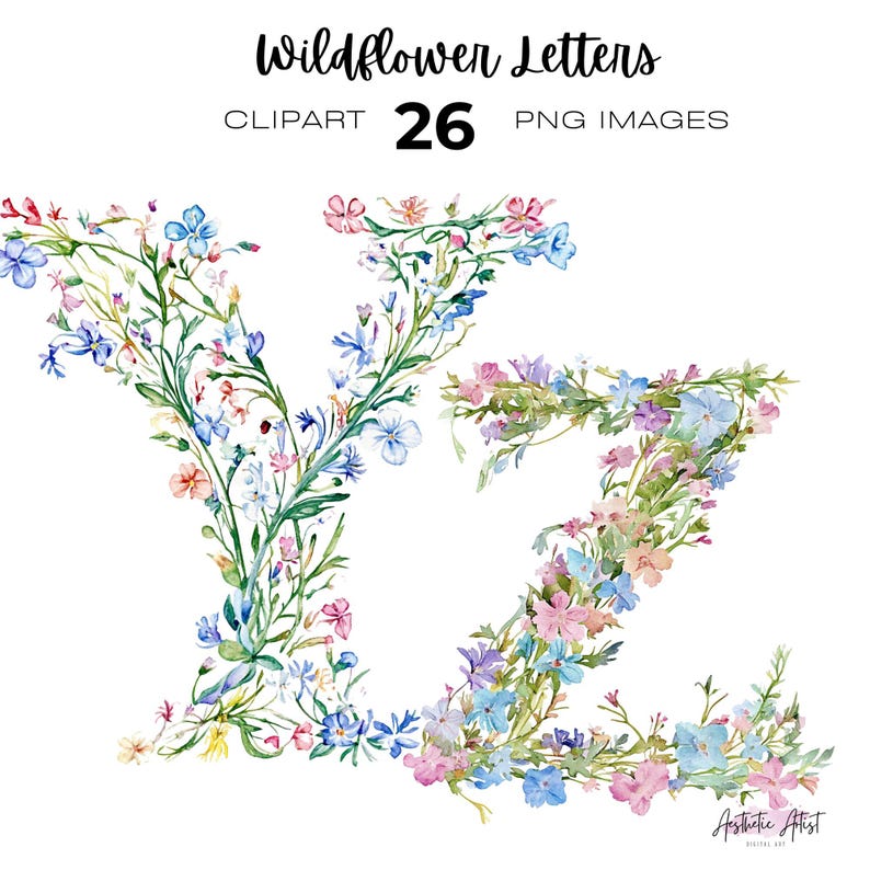 Wildflower Letters Clipart, Watercolor Flower Alphabet, Flower Letters ...