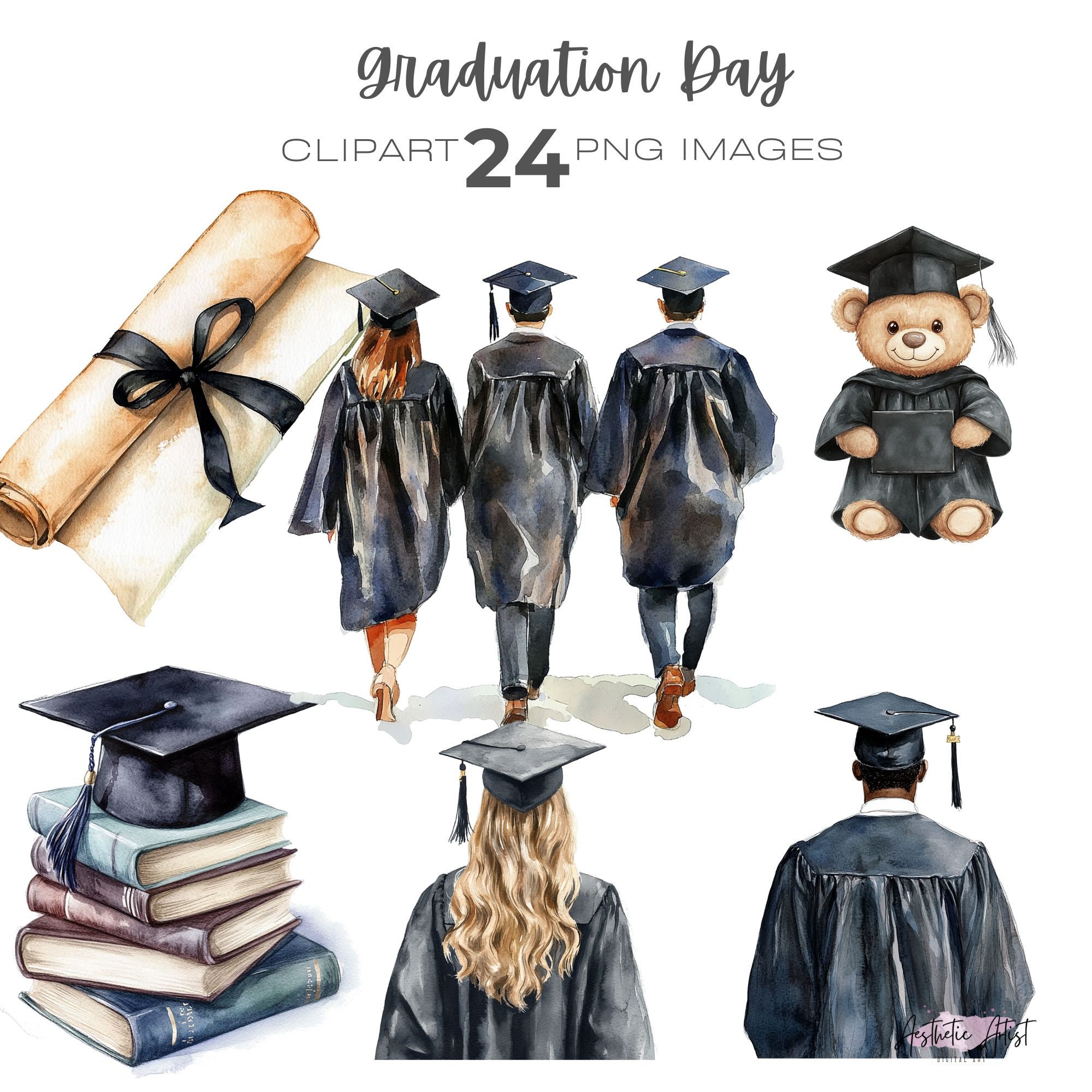 Watercolour Graduation Day Clipart Bundle, High School, Graduate ...