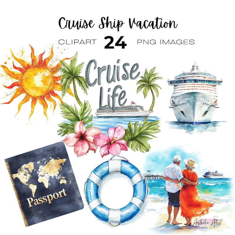 Watercolour Cruise Ship Vacation Clipart Bundle, Swimming, Summer Fun ...