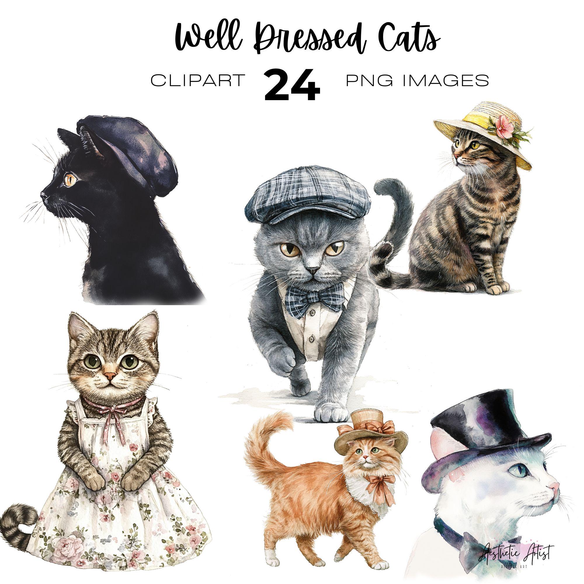 Well Dressed Cats Clipart, Farmhouse Vintage Png, Dapper Cats Clip Art ...