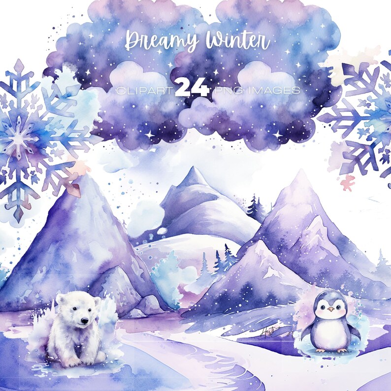 Watercolor Dreamy Winter Clipart, Snowy Hills Clipart, Winter ...