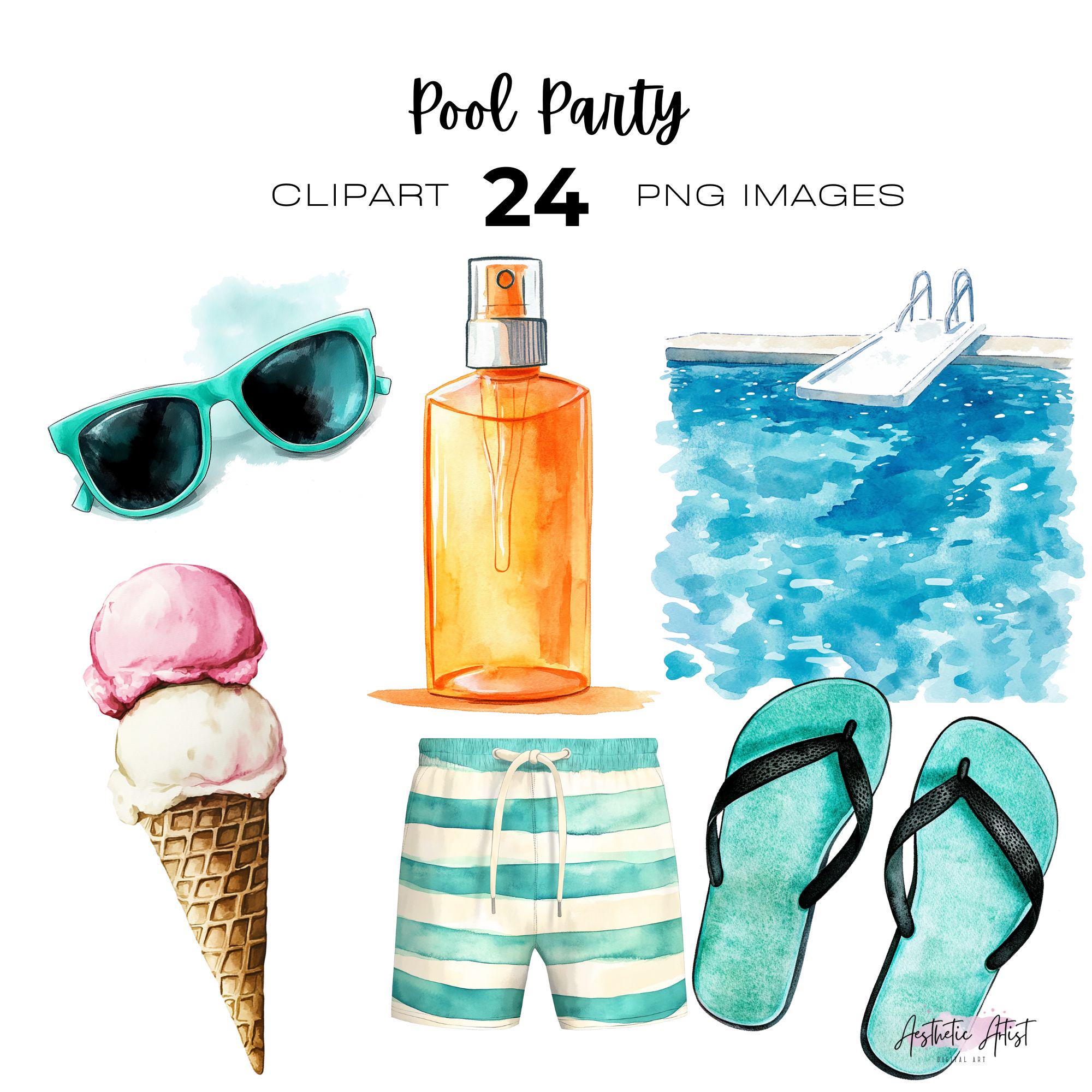 Watercolour Pool Party Clipart Bundle, Swimming, Summer Fun Clipart ...