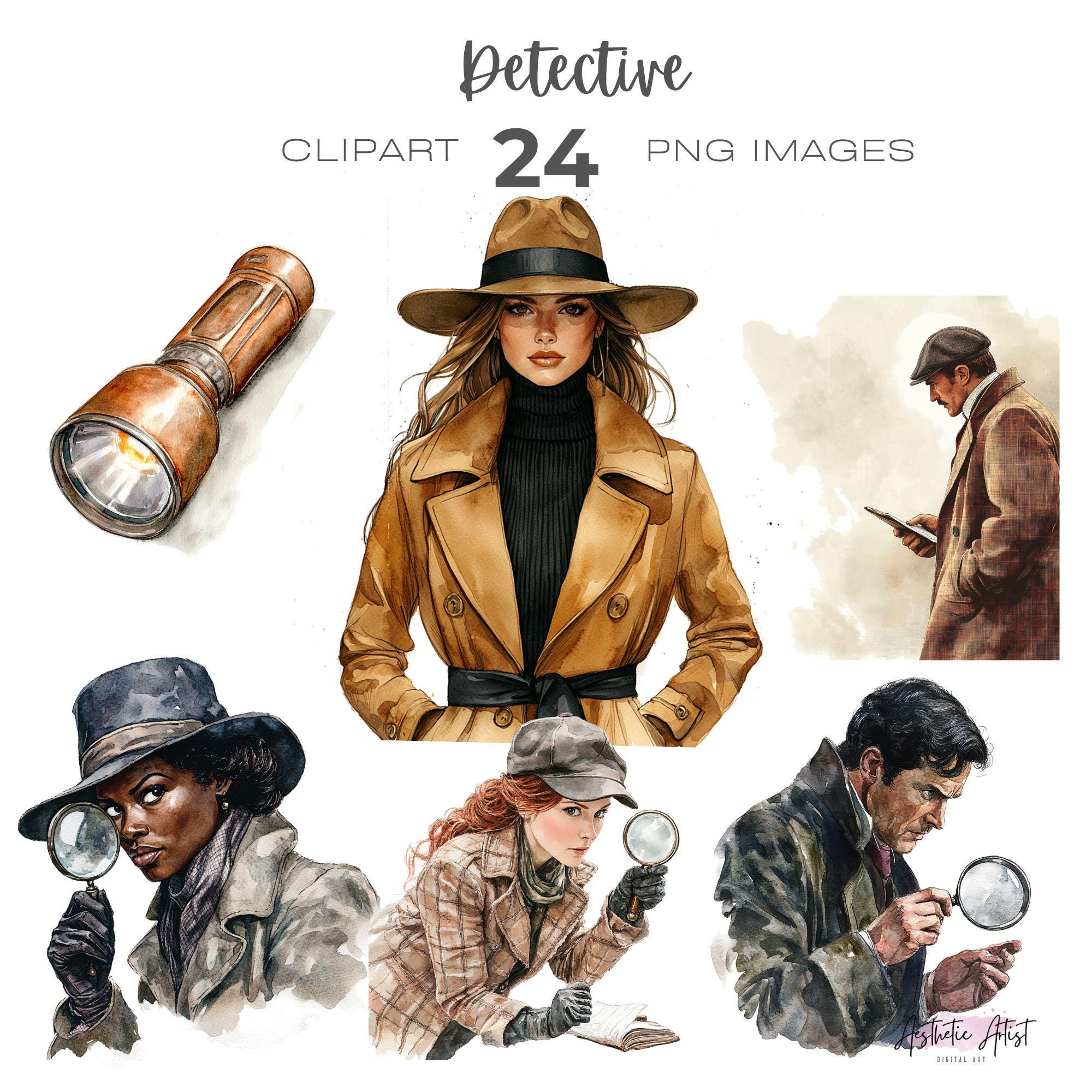 Watercolour Detective Clipart, Mystery Graphics, 1940s Film Noir Png ...