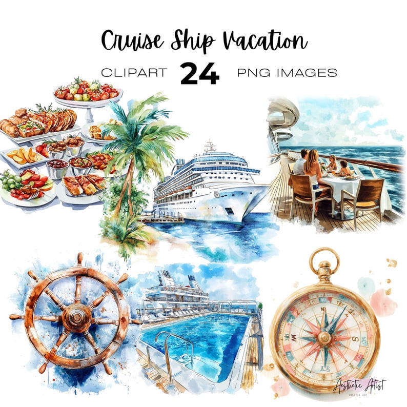 Watercolour Cruise Ship Vacation Clipart Bundle, Swimming, Summer Fun ...