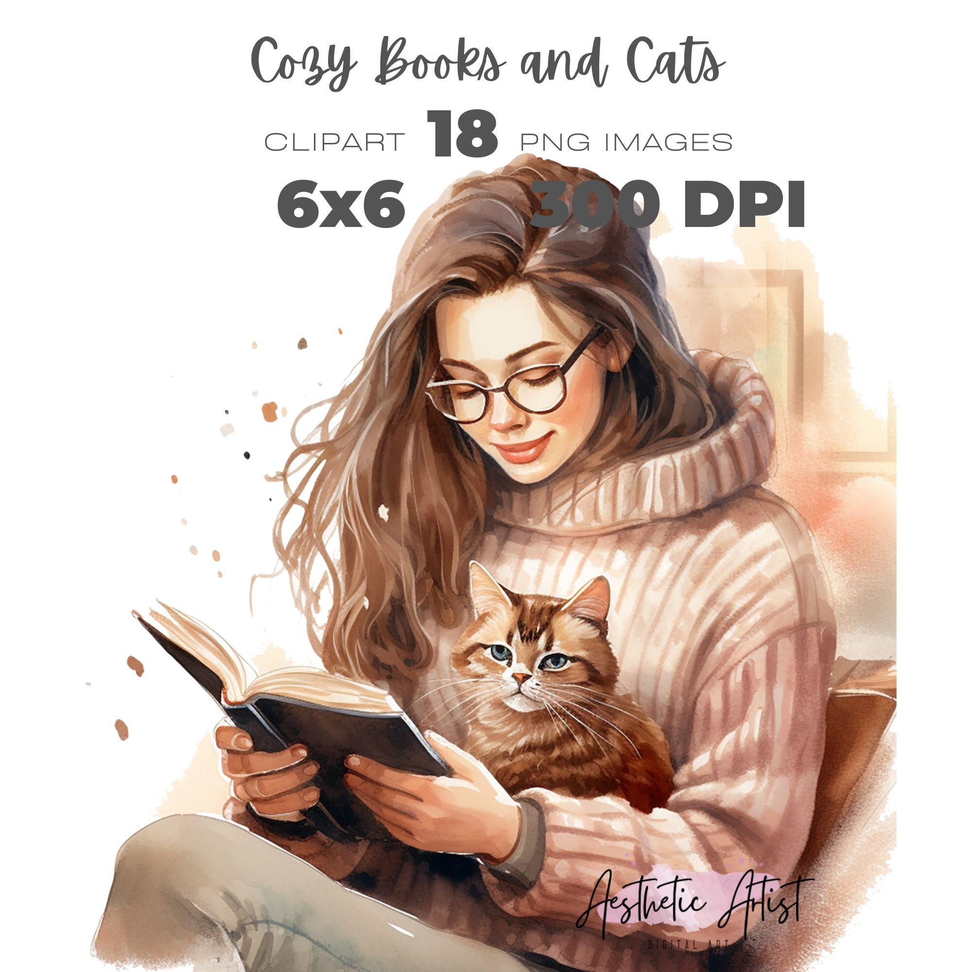 Watercolour Cozy Cats With Books Clipart, Graphics for Cat Lovers Gift ...