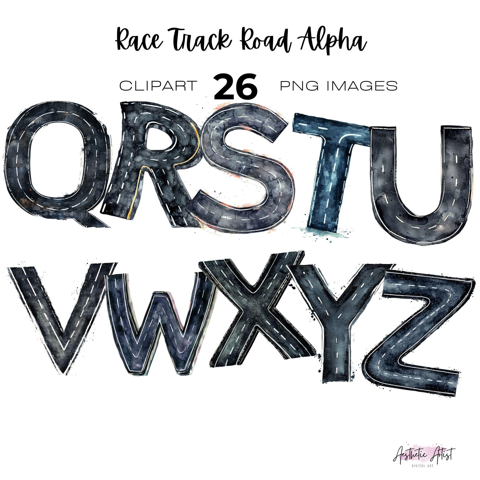 Watercolour Race Track Alphabet Bundle, Road, Road Clipart, Racing ...