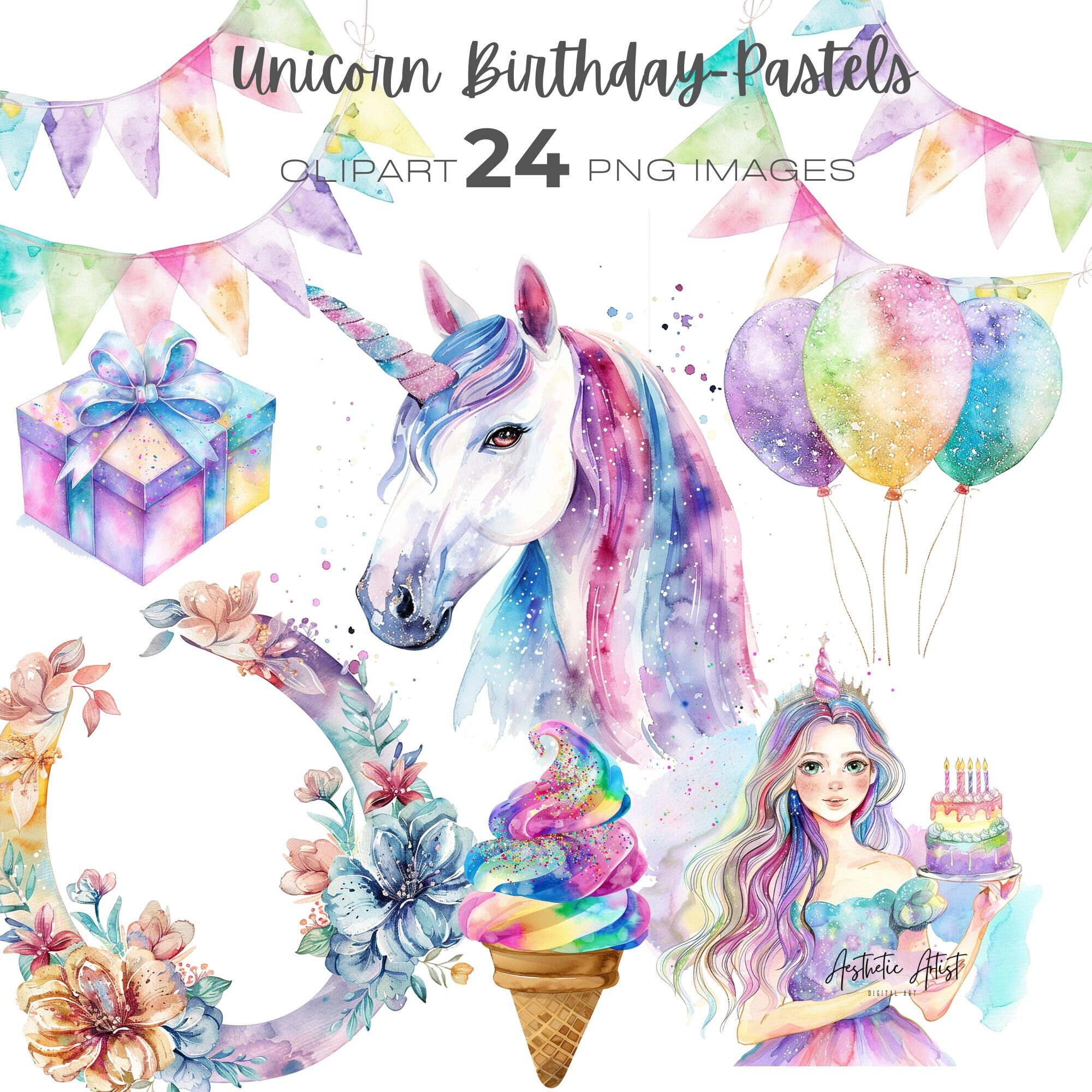 Pastel Rainbow Unicorn Birthday Clipart, Watercolor Clipart, Princess ...