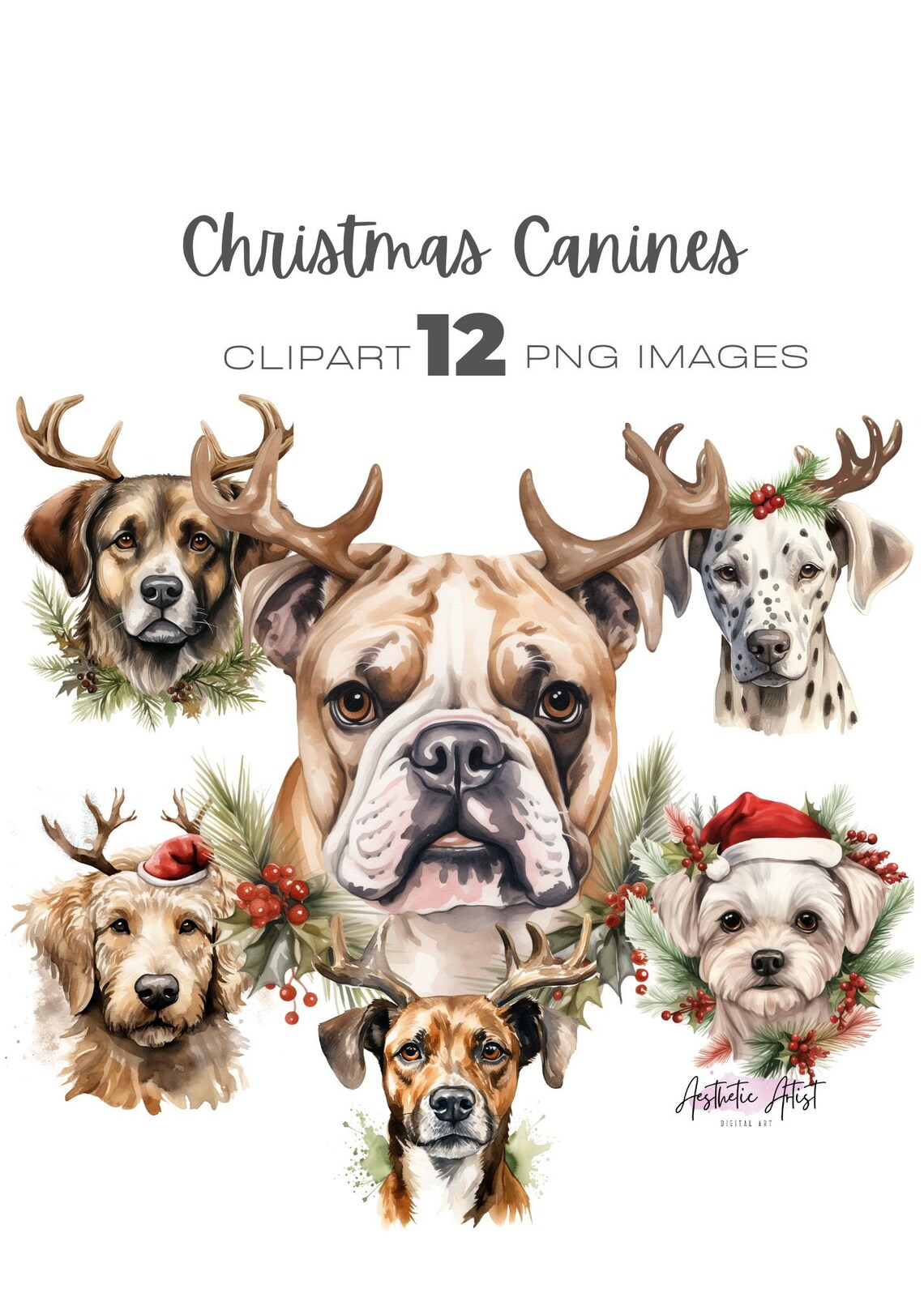 Christmas Dogs Clipart, Xmas Png, Dogs With Antlers Clip Art, Santa Hat ...