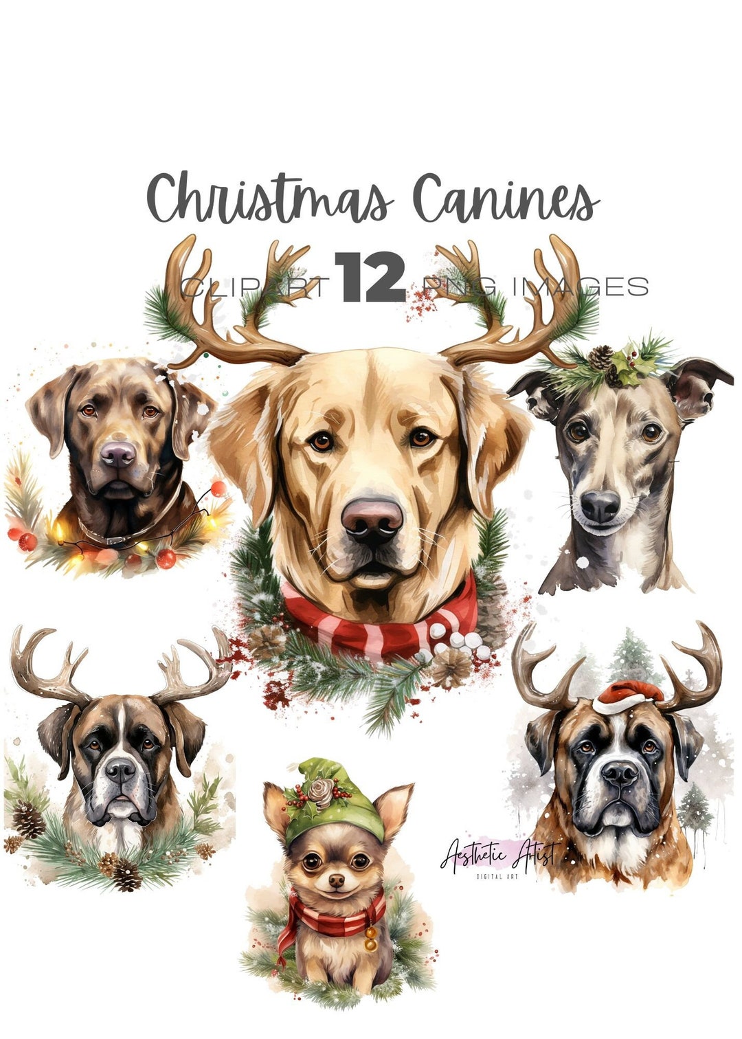 Christmas Dogs Clipart, Xmas Png, Dogs With Antlers Clip Art, Santa Hat ...