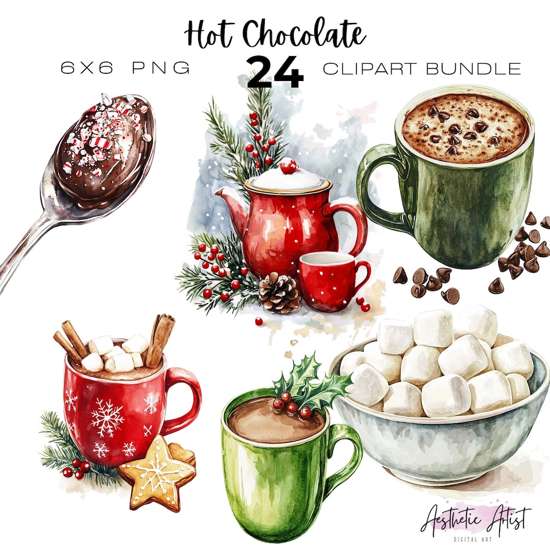 Watercolour Hot Chocolate Clipart Bundle, Christmas Mugs, Winter ...
