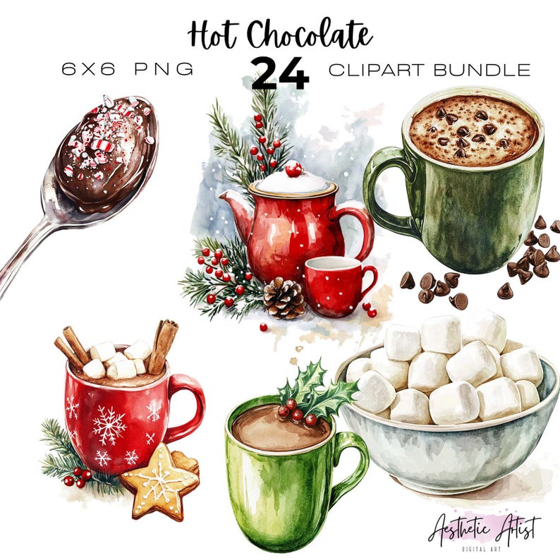 Watercolour Hot Chocolate Clipart Bundle, Christmas Mugs, Winter ...