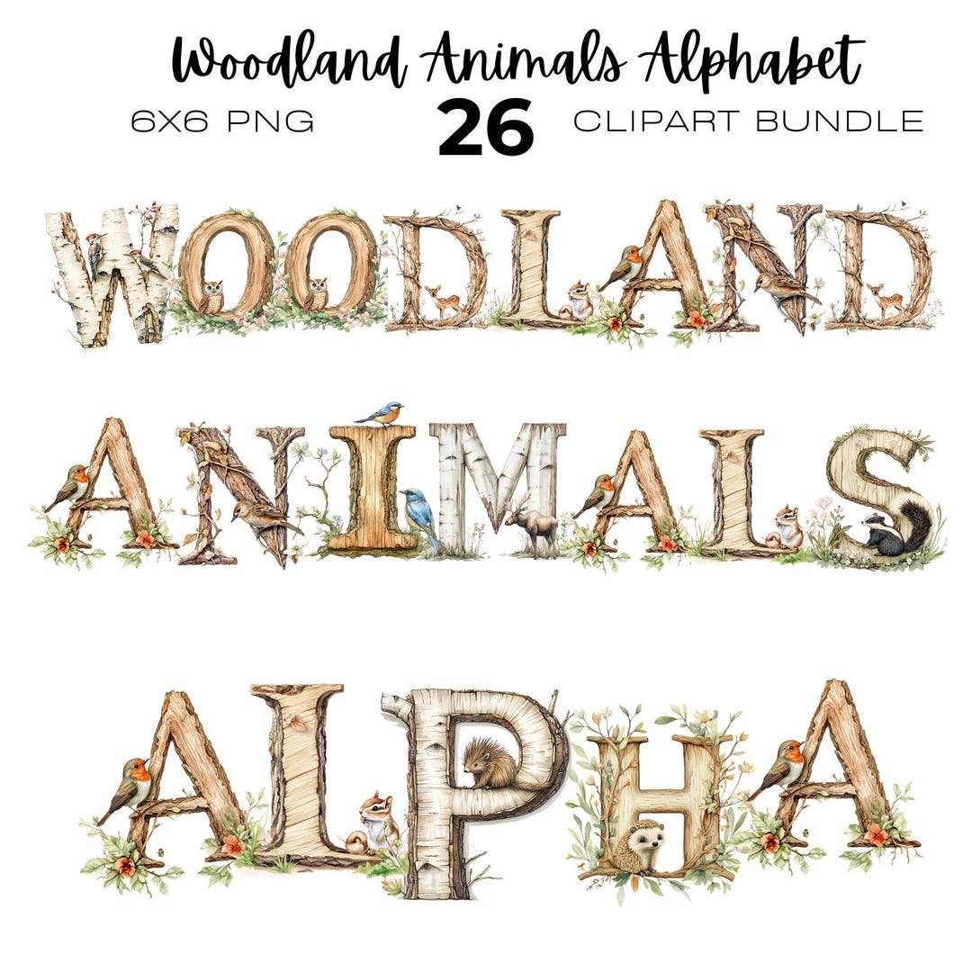 Woodland Animals Letters Clipart, Watercolor Woodland Alphabet, Cute ...