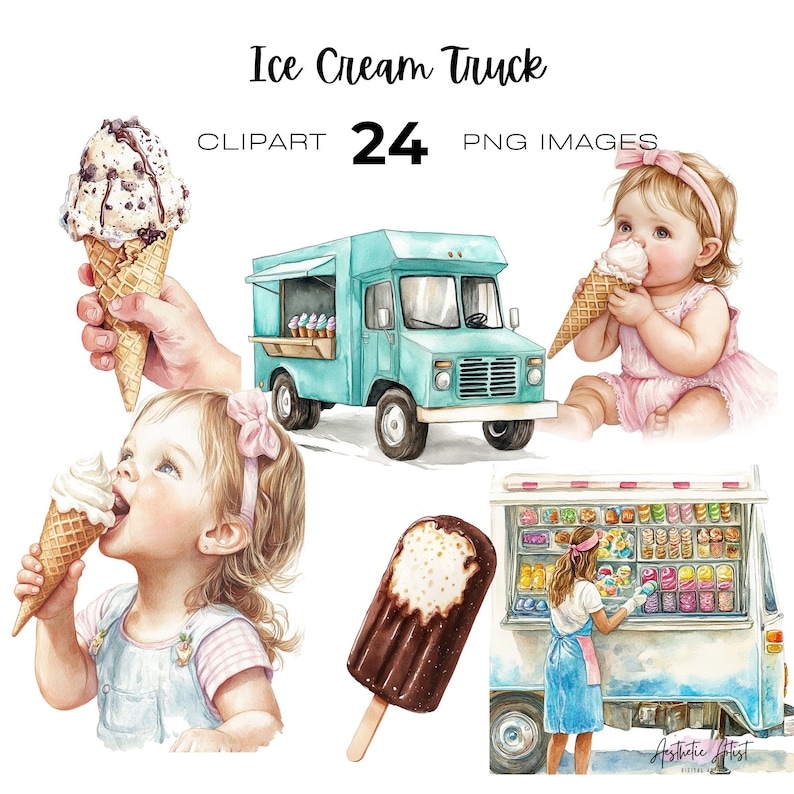 Ice Cream Truck Clipart, Summer Png, Ice Cream Man Clip Art, Watercolor ...
