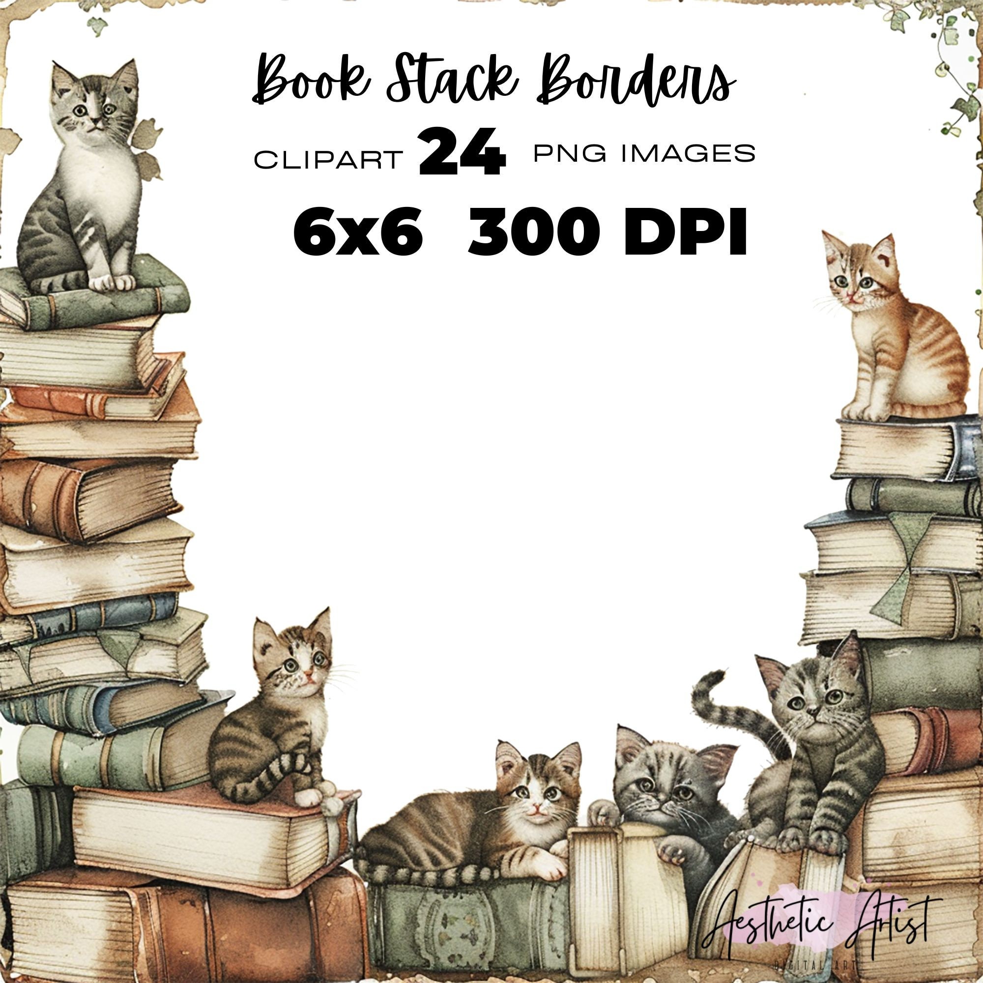 Watercolour Stack of Books Clipart Bundle, Library, Book Stack Border ...
