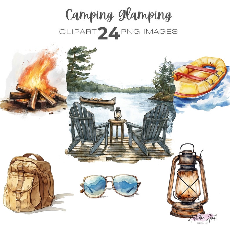 Watercolour Camping Clipart Bundle, Glamping, Camper RV Clipart, Tent ...