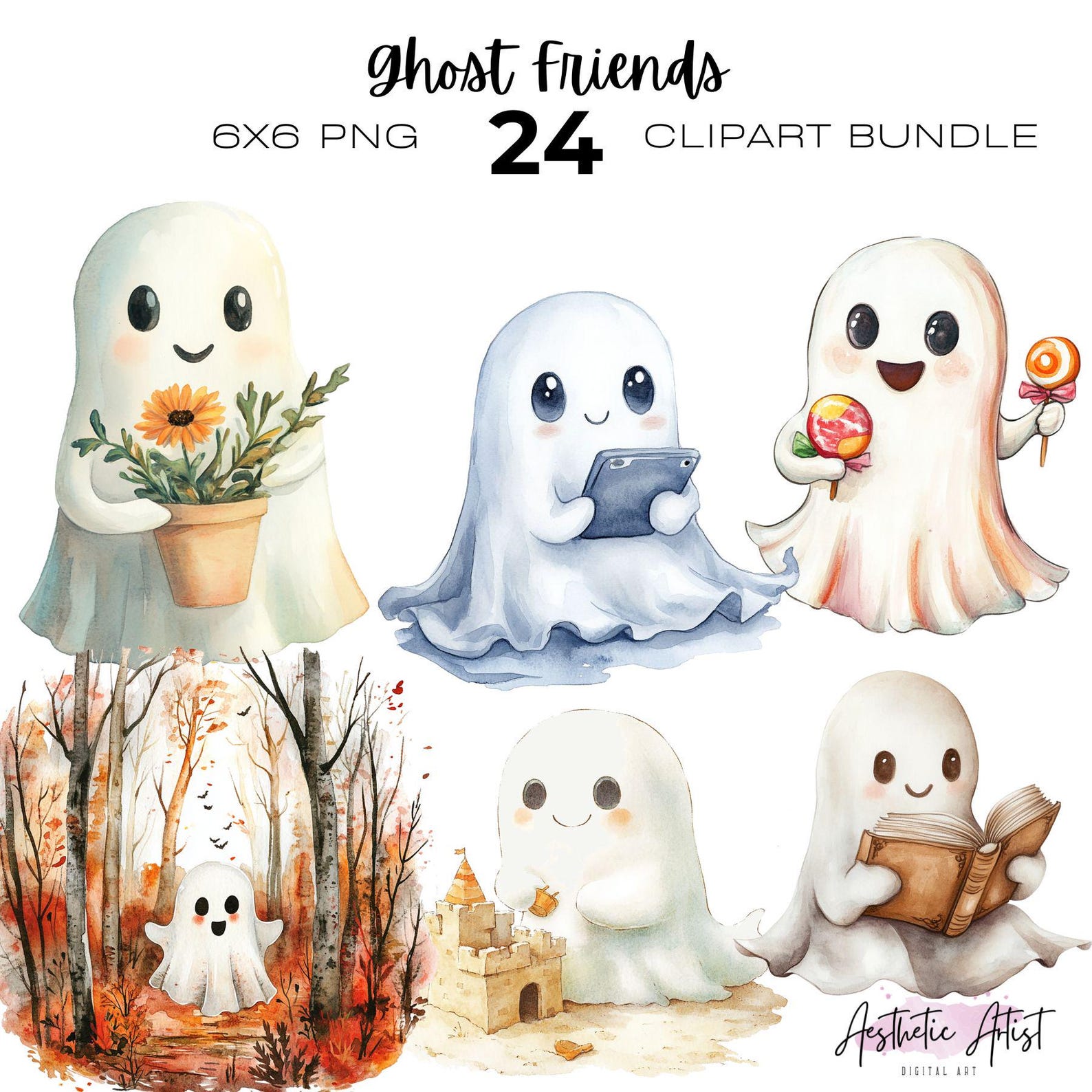 Watercolour Ghost Friends Clipart, Cute Ghost, Halloween, Boo!, Kawaii ...