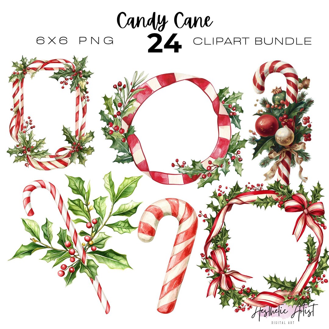 Watercolour Candy Cane Clipart Bundle, Christmas Borders, Red and White ...