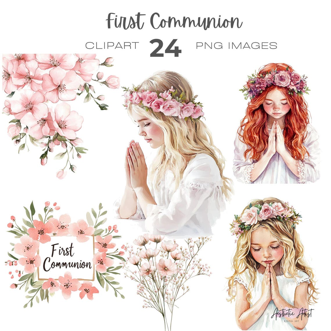 Watercolour Girl First Communion Clipart, Religious, Pink Floral Png ...