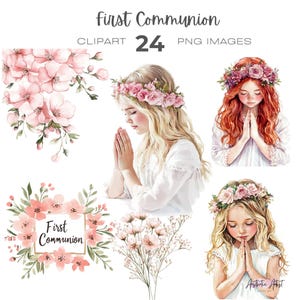 Watercolour Girl First Communion Clipart, Religious, Pink Floral Png ...