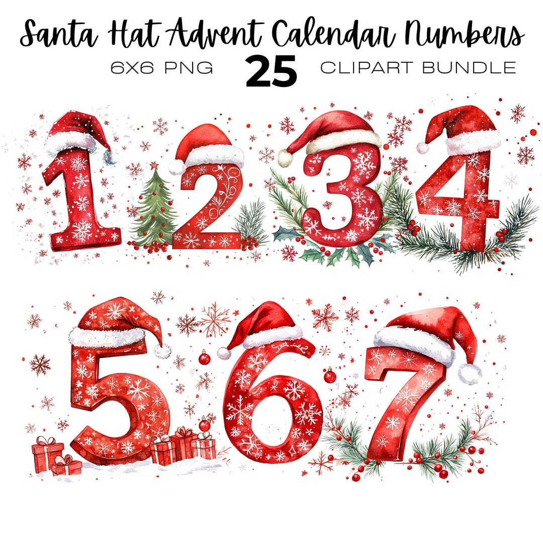 Watercolour Santa Hat Advent Calendar Numbers Bundle, Christmas ...