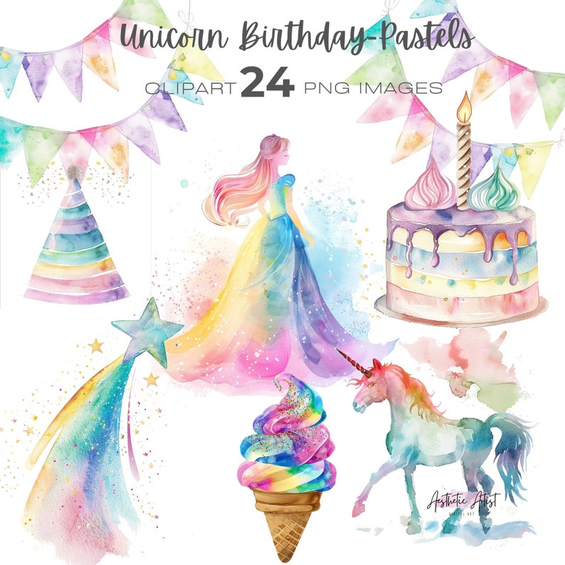 Pastel Rainbow Unicorn Birthday Clipart, Watercolor Clipart, Princess ...