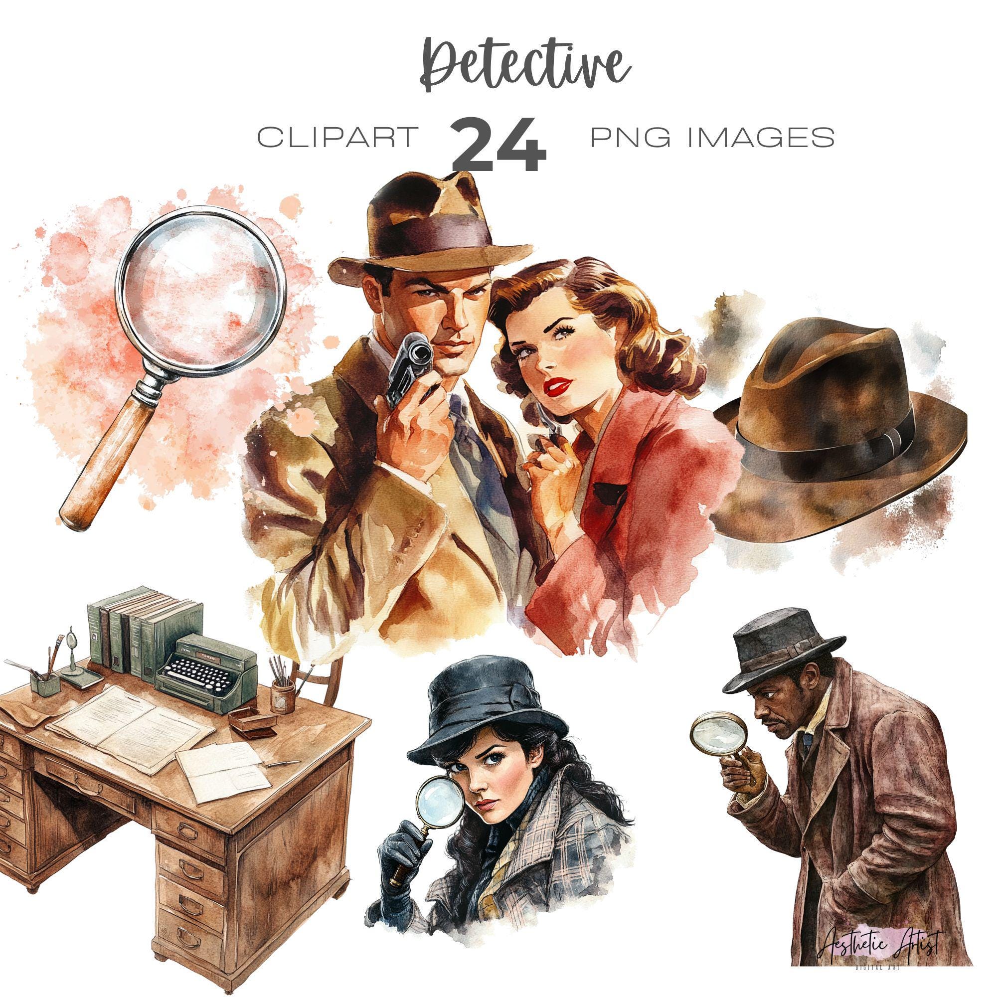 Watercolour Detective Clipart, Mystery Graphics, 1940s Film Noir Png ...