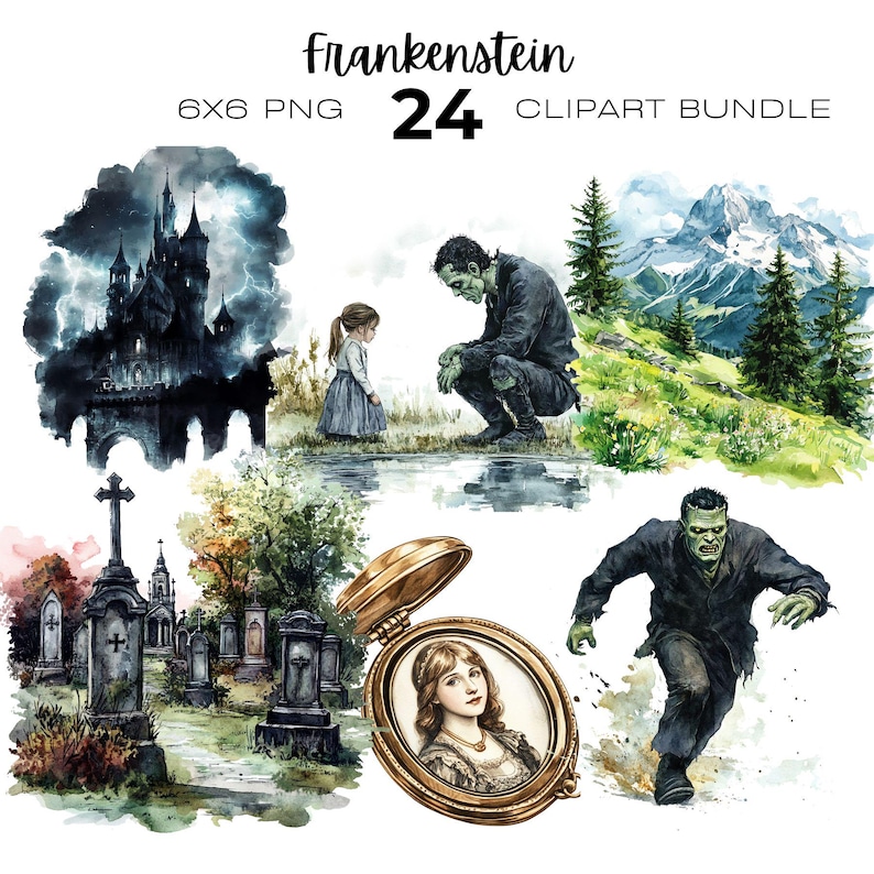 Watercolour Frankenstein Clipart, Mary Shelley, Gothic Book, Literary ...