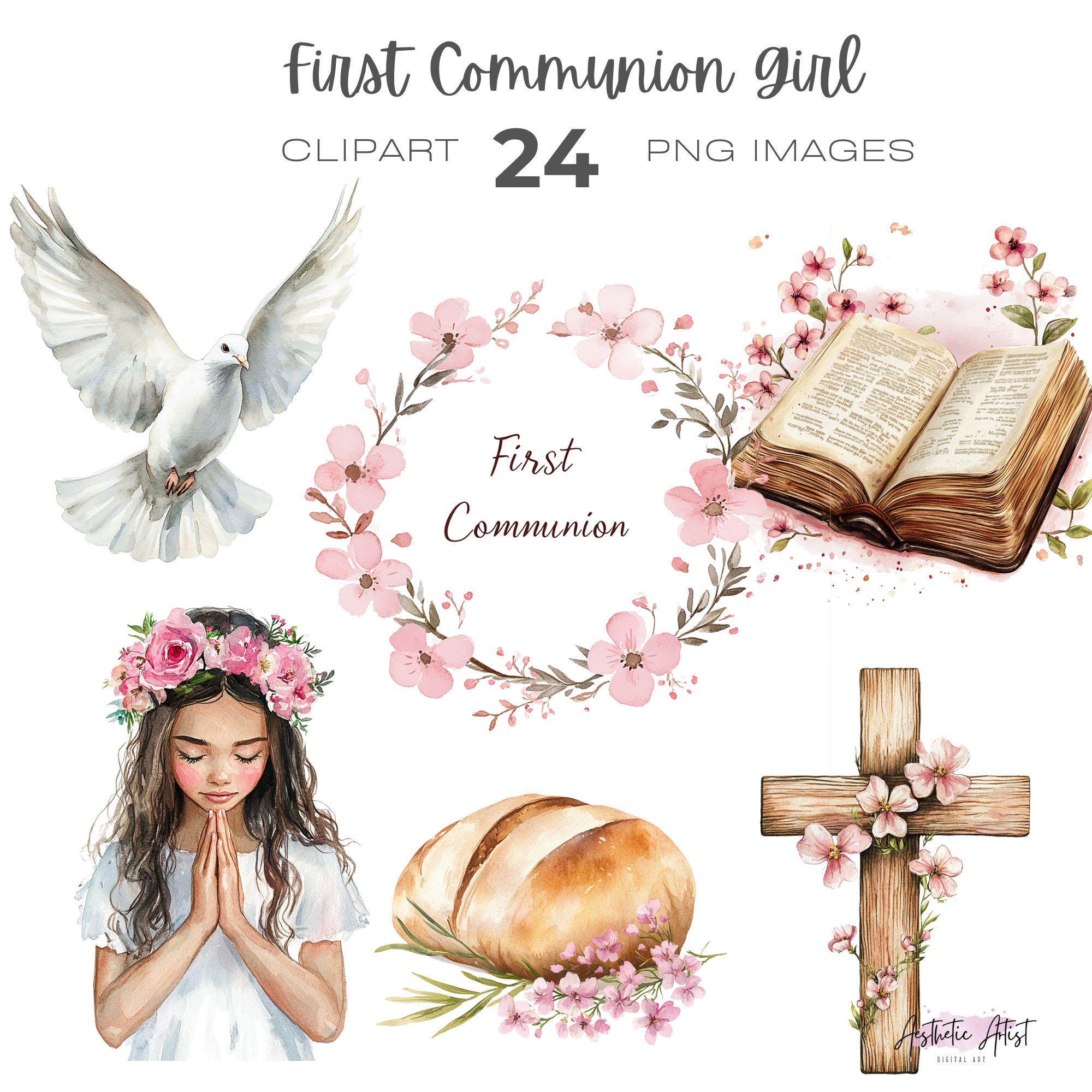 Watercolour Girl First Communion Clipart, Religious, Pink Floral Png ...