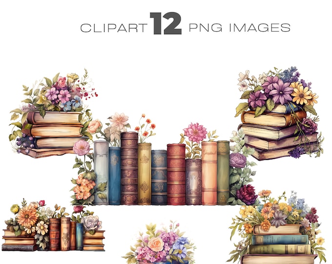 Watercolour Floral Stack of Books Clipart Bundle, Library, Book Stack ...