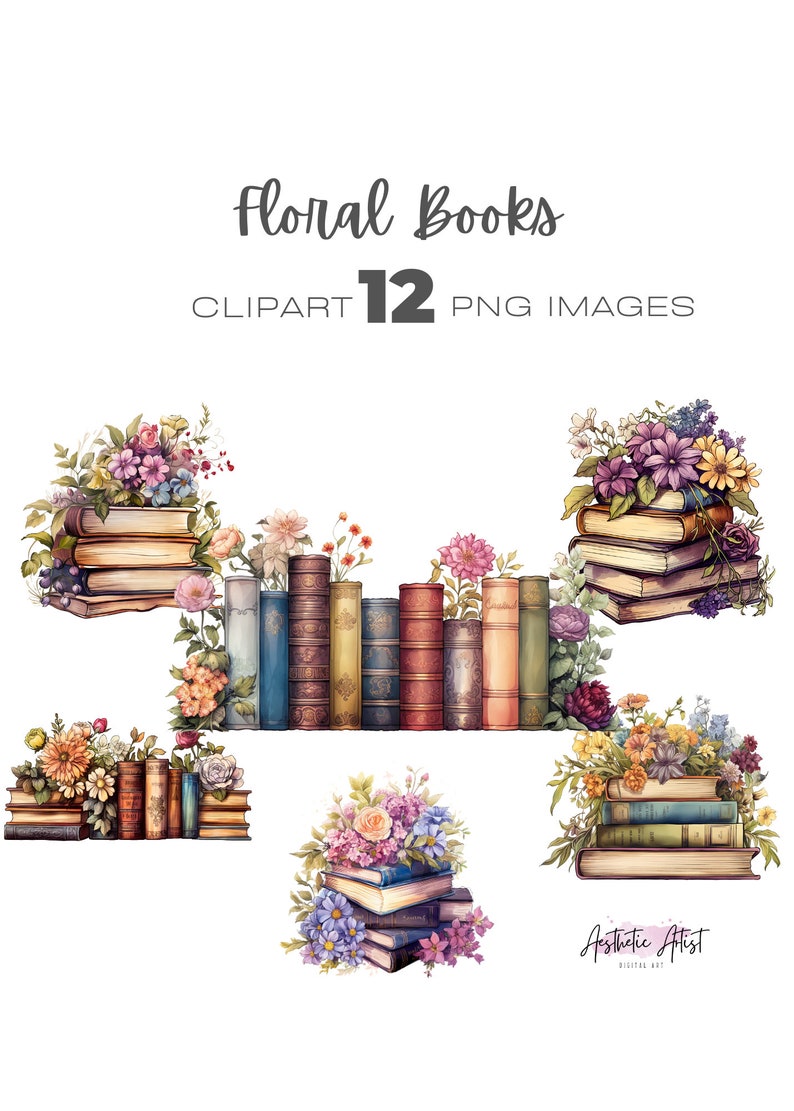 Watercolour Floral Stack of Books Clipart Bundle, Library, Book Stack ...