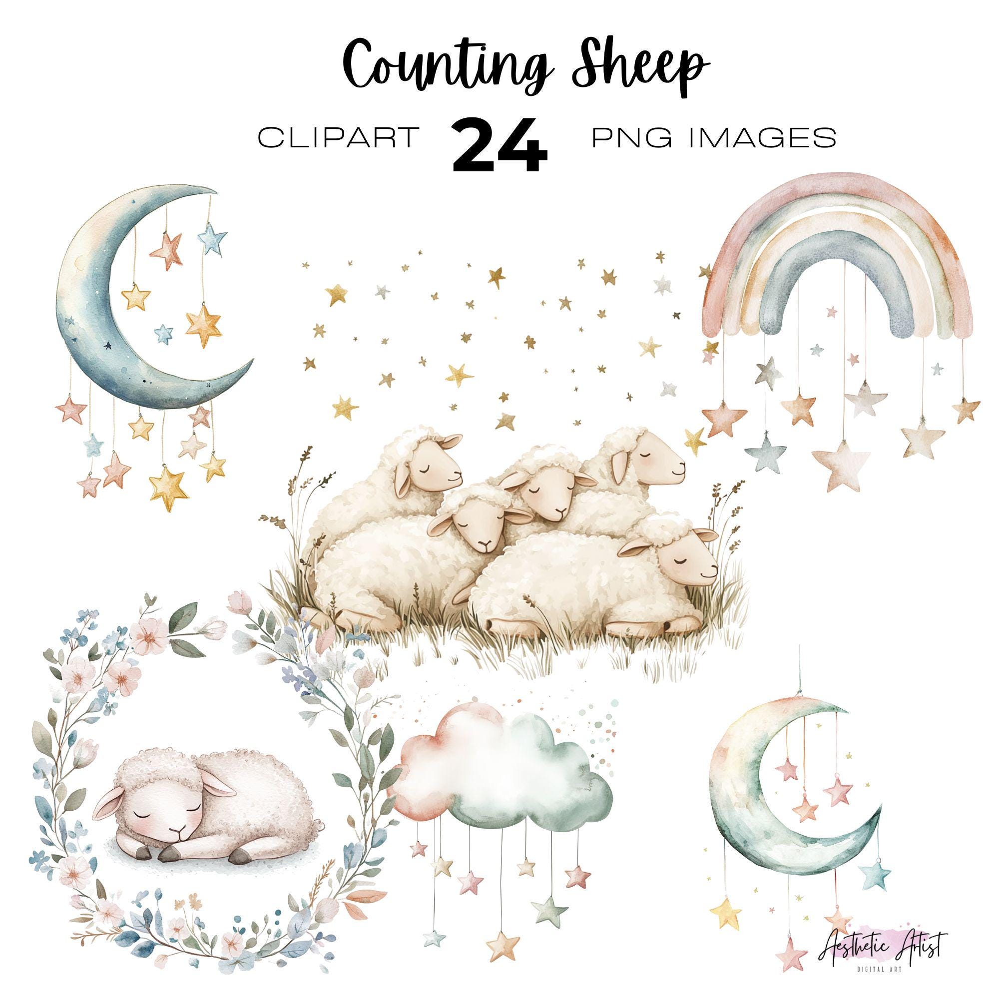 Watercolour Counting Sheep Clipart, Bedtime Png, First Birthday, Baby ...
