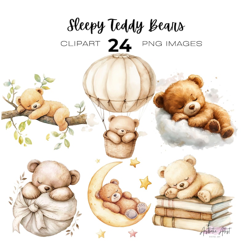 Watercolour Sleepy Teddy Bears Clipart, First Birthday, Baby Shower ...