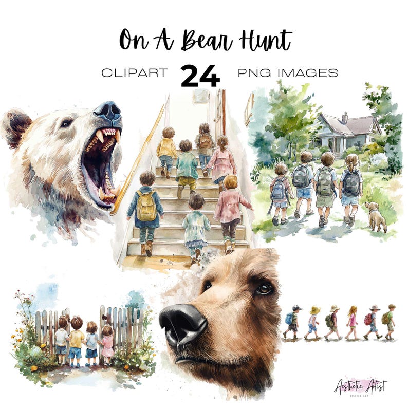 Watercolour on A Bear Hunt Clipart Bundle, Cute Kids, Prechool Kids ...
