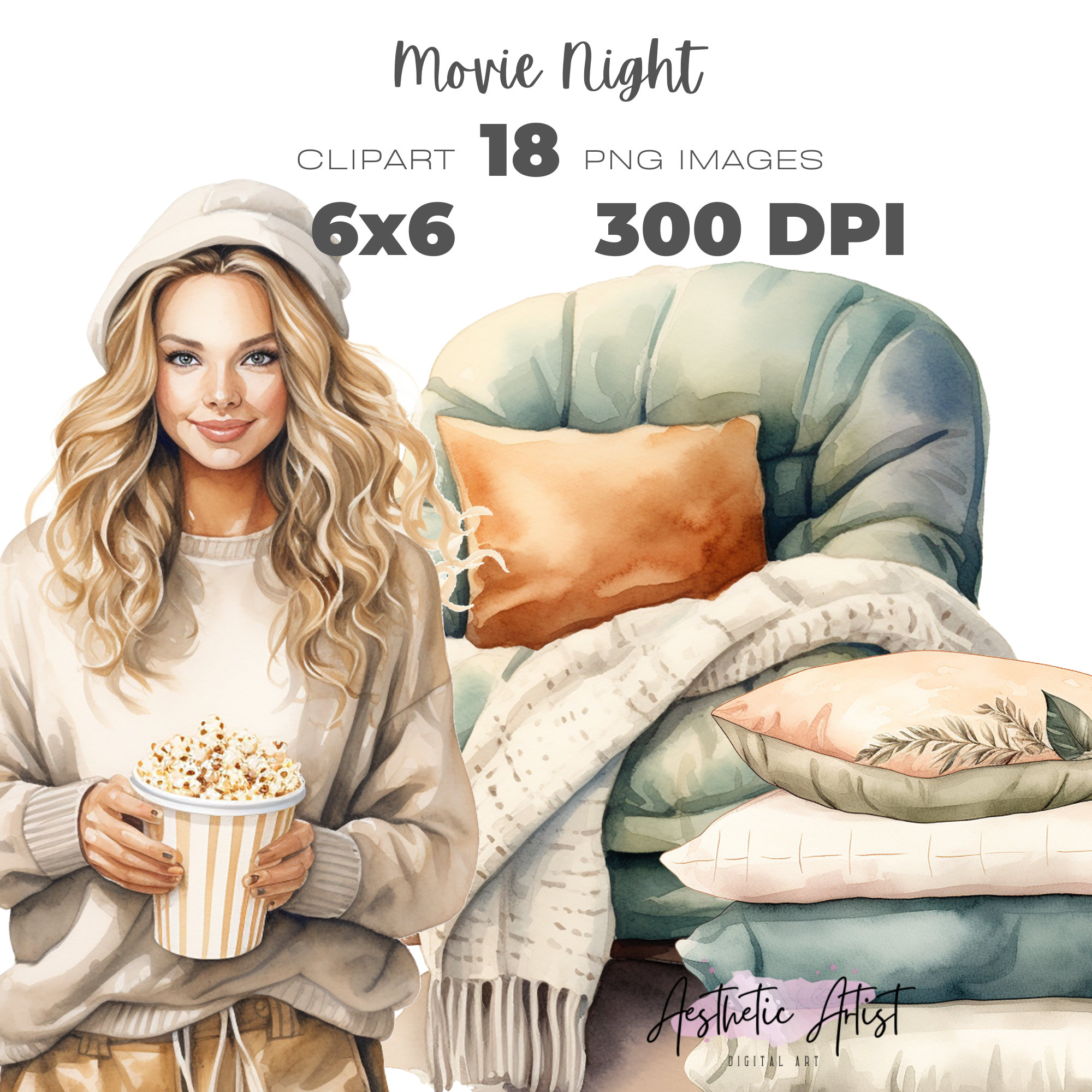 Watercolor Movie Night Clipart Bundle, Romantic Cottagecore Clip Art ...