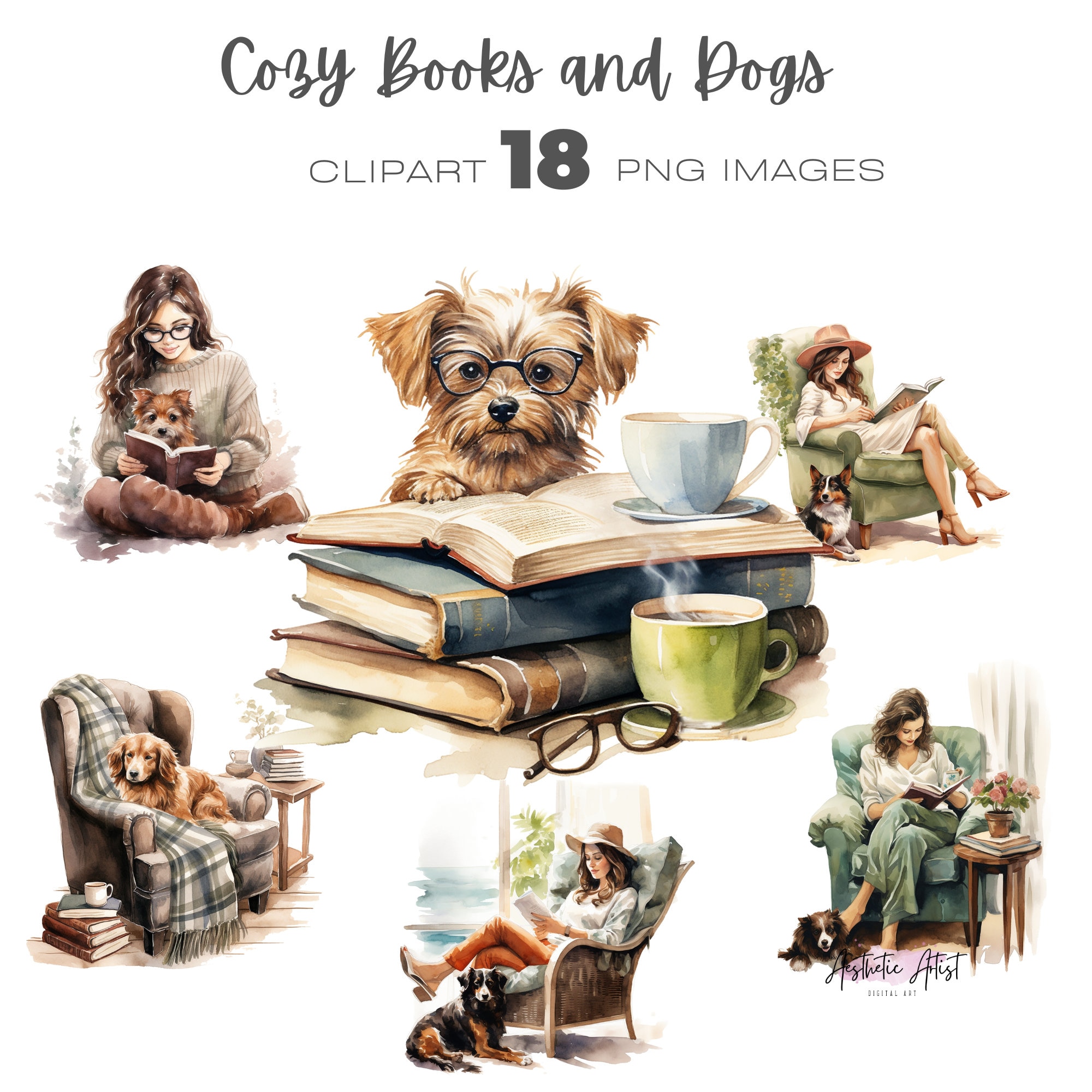 Watercolour Cozy Dogs With Books Clipart, Graphics for Dog Lovers Gift ...