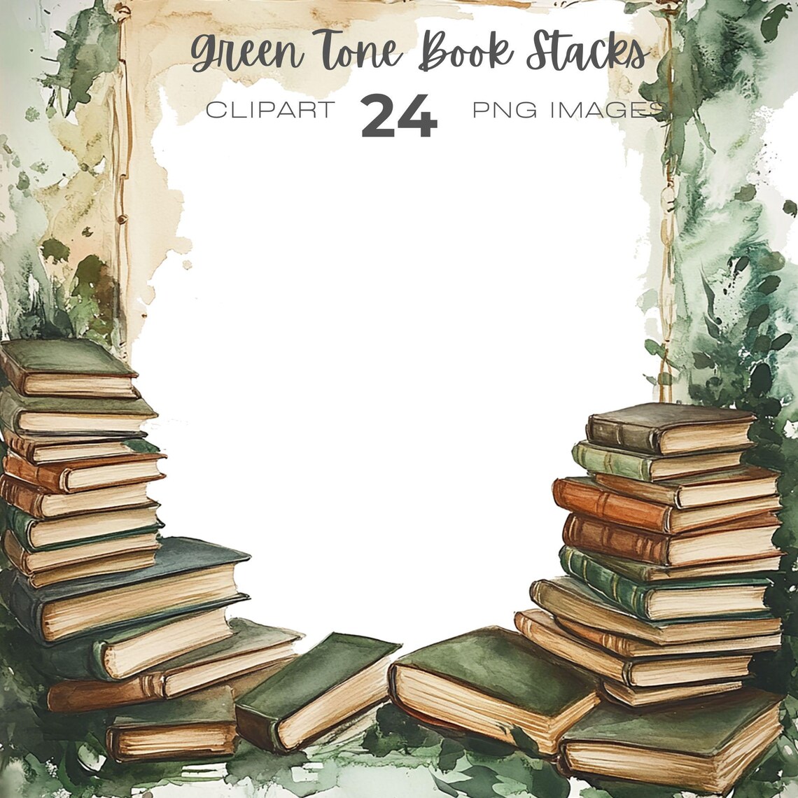 Watercolour Stack of Books Clipart Bundle, Library, Book Stack Border ...