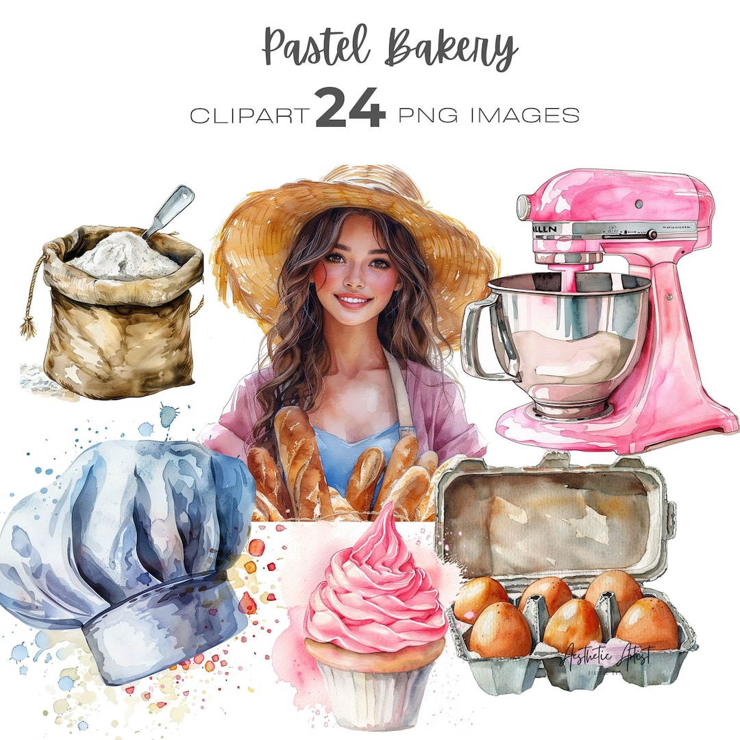 Watercolour Pastel Bakery Clipart, Breadmaker Graphics, Pink Bakery Png ...