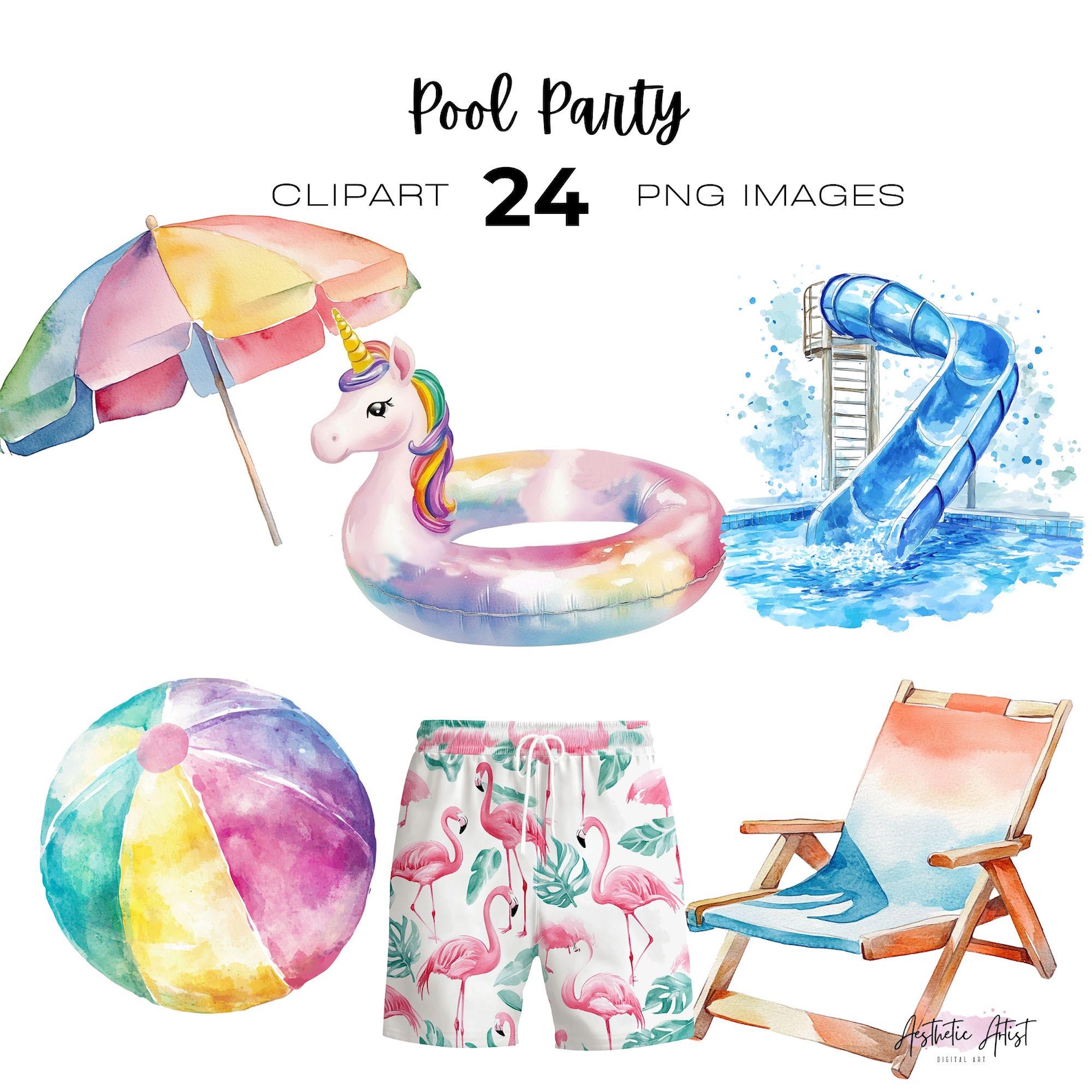Watercolour Pool Party Clipart Bundle, Swimming, Summer Fun Clipart ...