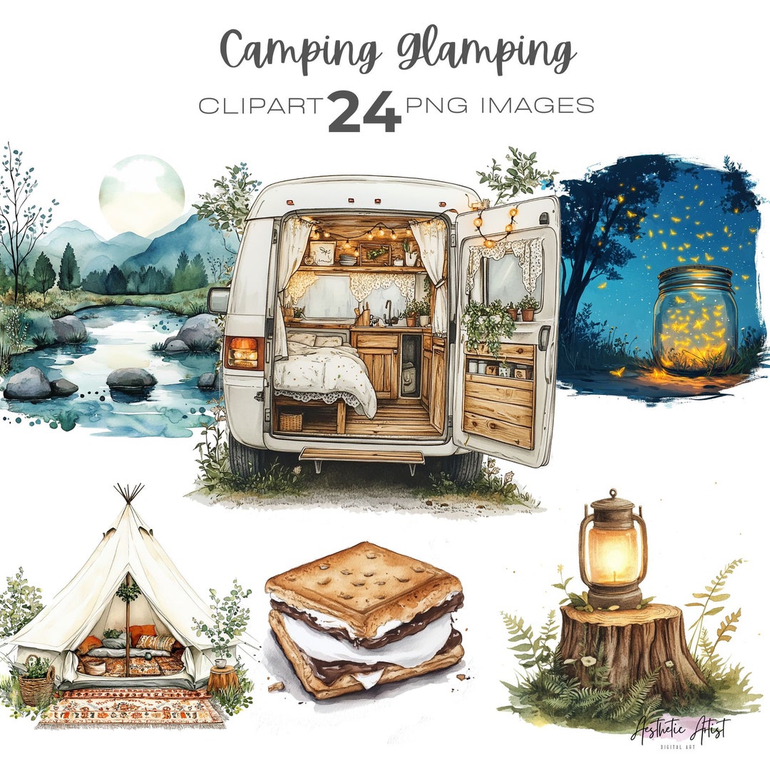 Watercolour Camping Clipart Bundle, Glamping, Camper RV Clipart, Tent ...