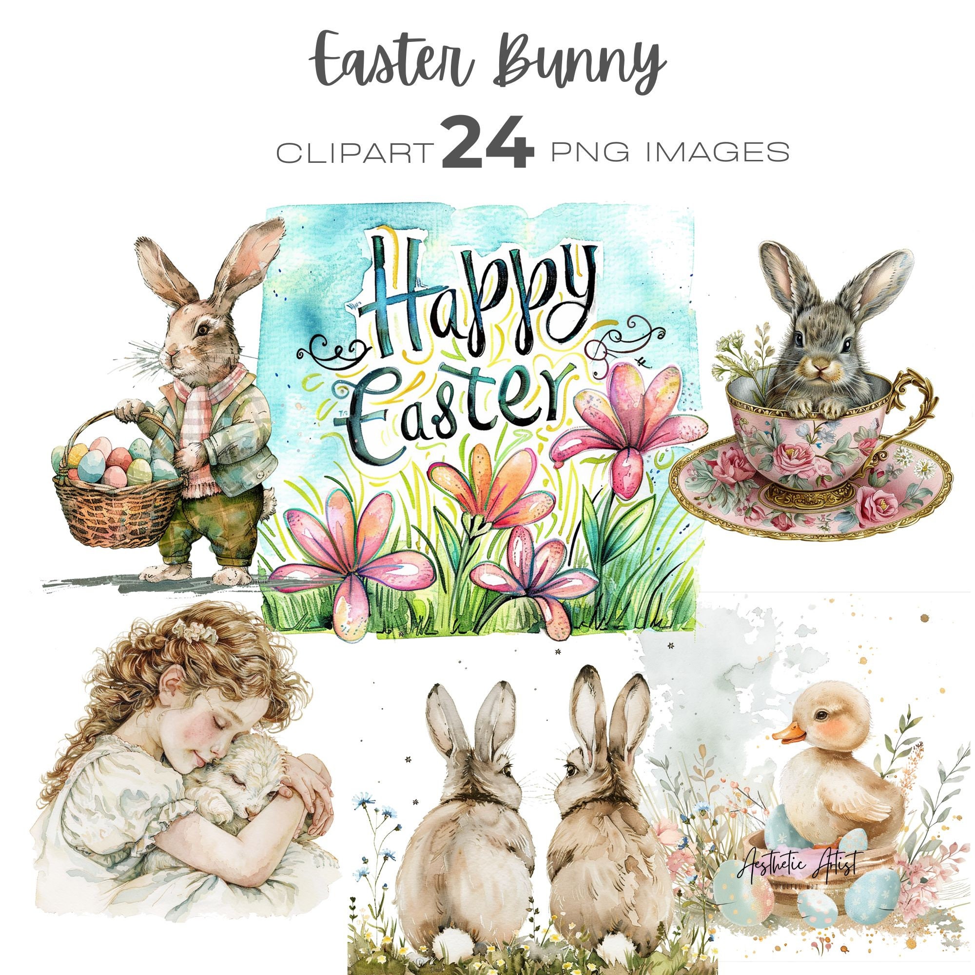 Watercolour Spring Easter Clipart Bundle, Easter Egg, Bunny Rabbit ...