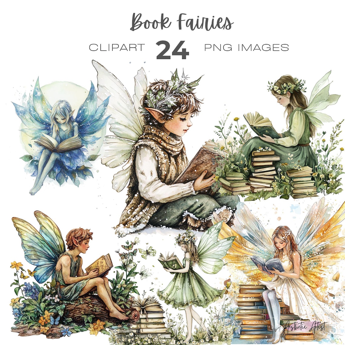 Watercolour Book Fairies Clipart Bundle, Library, Book Stack Floral ...