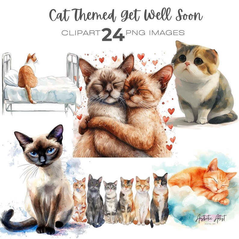 Watercolour Cat Themed Get Well Soon Clipart, Graphics for Cat Lovers ...