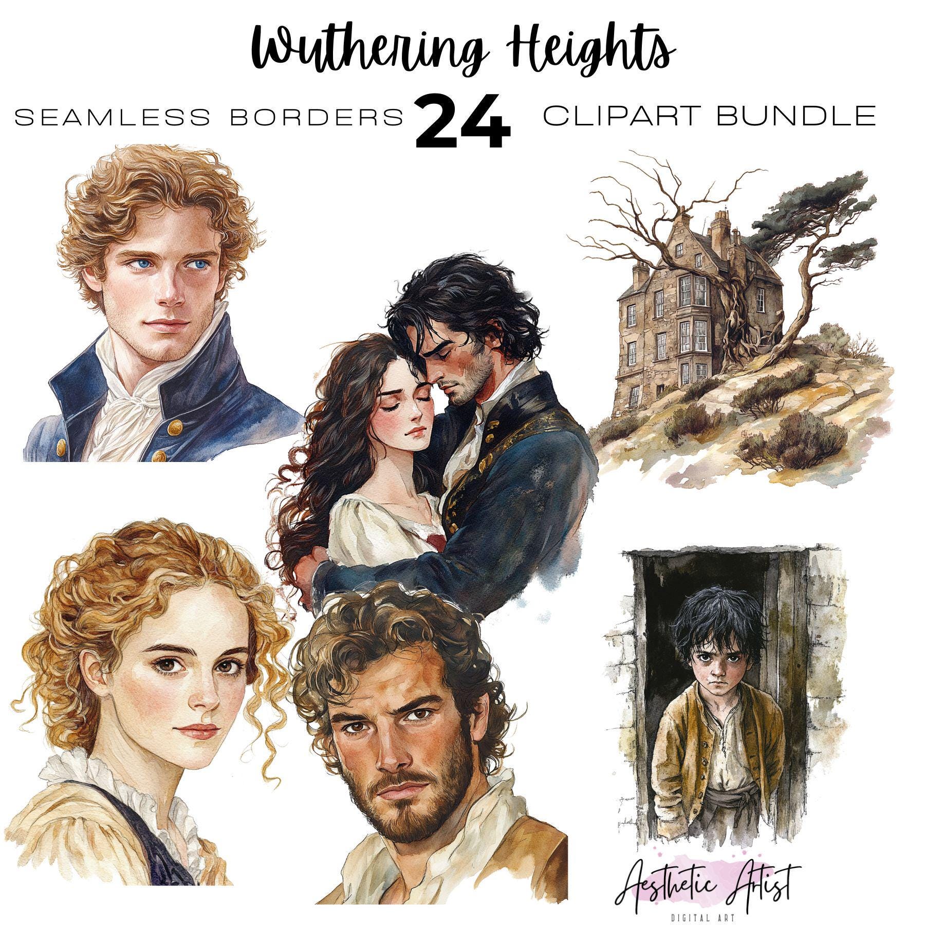 Watercolor Wuthering Heights Clipart, Classic Story, Catherine and ...