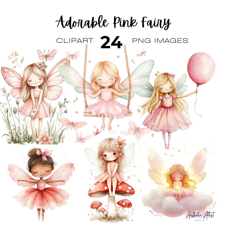 Watercolour Adorable Pink Fairies Clipart Bundle, Woodland Fairy, Fairy ...