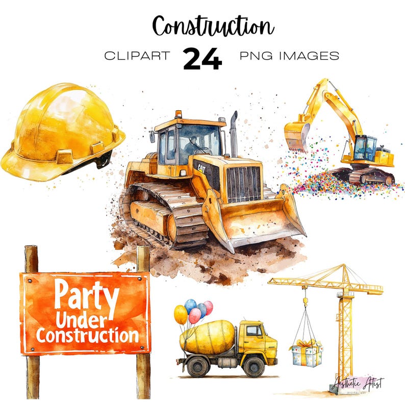 Watercolour Construction Party Clipart, First Birthday, Diggers Clipart ...