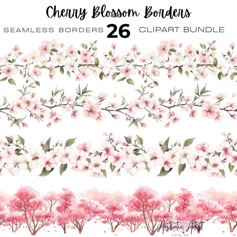 Cherry Blossoms Seamless Borders Clipart, Border Clipart, PNG ...