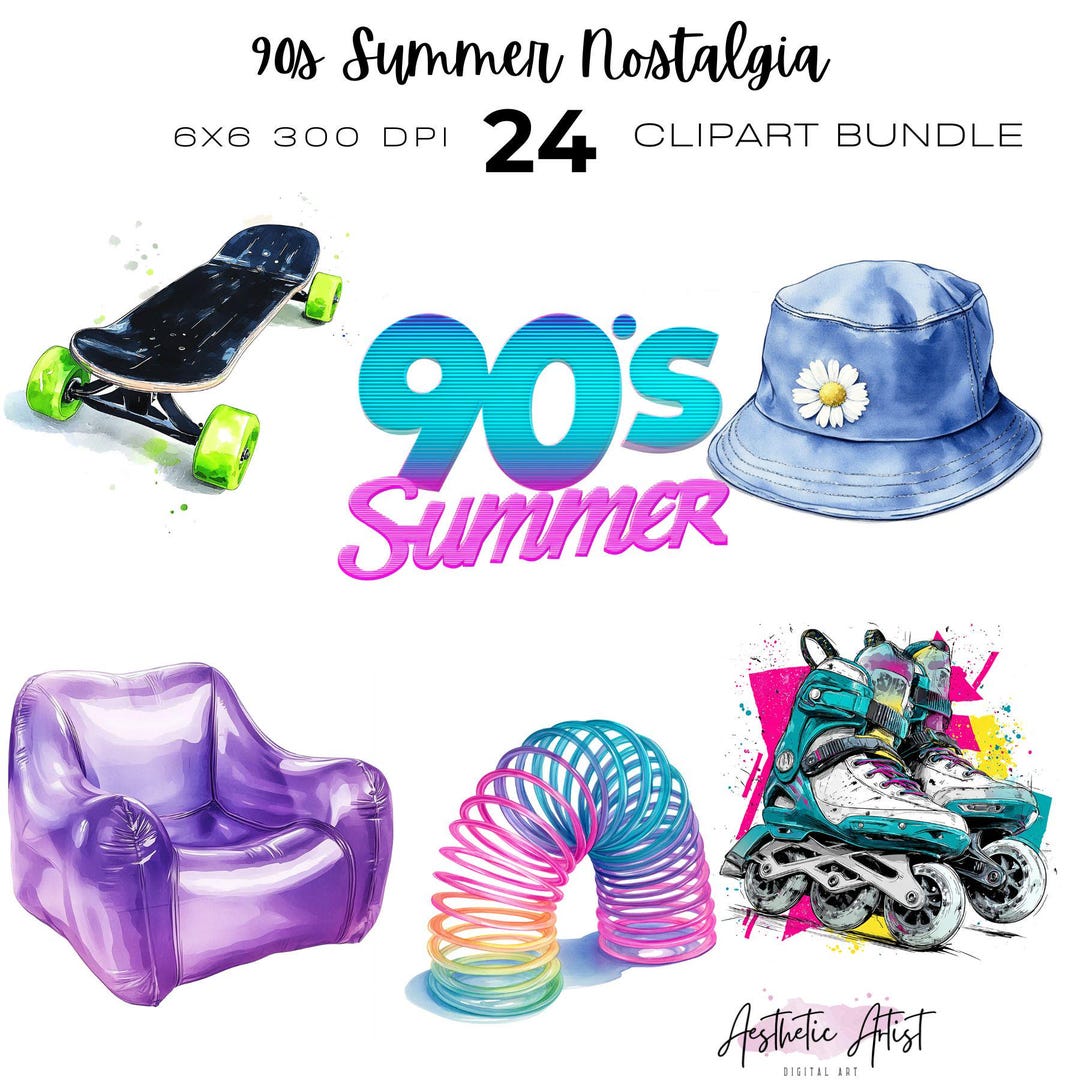 Watercolour 90s Summer Nostalgia Clipart Bundle, 1990s, Summer Fun ...